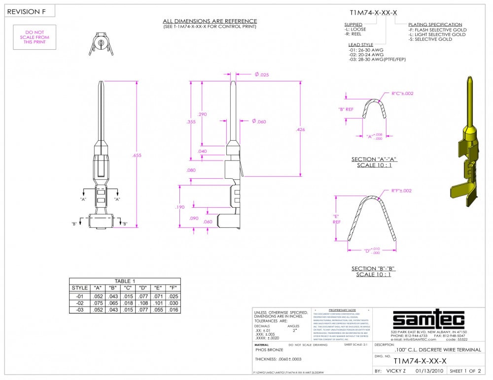 Samtec T1M74 technical drawing page 1