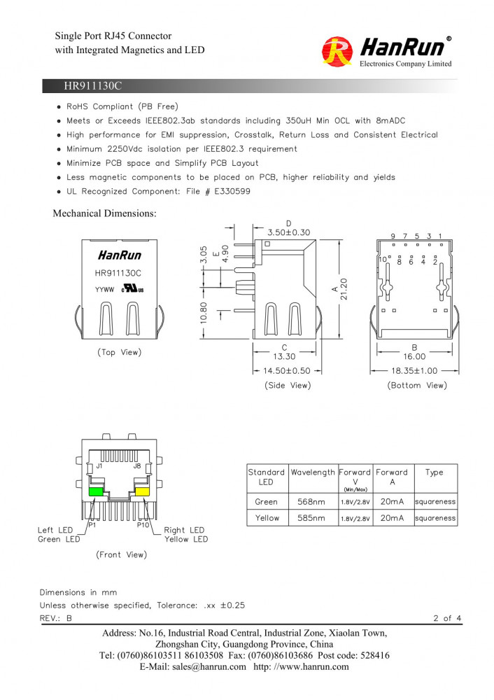 HR911130C mechanical dimensions