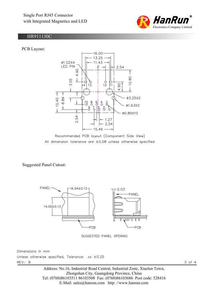 HR911130C PCB layout and panel opening