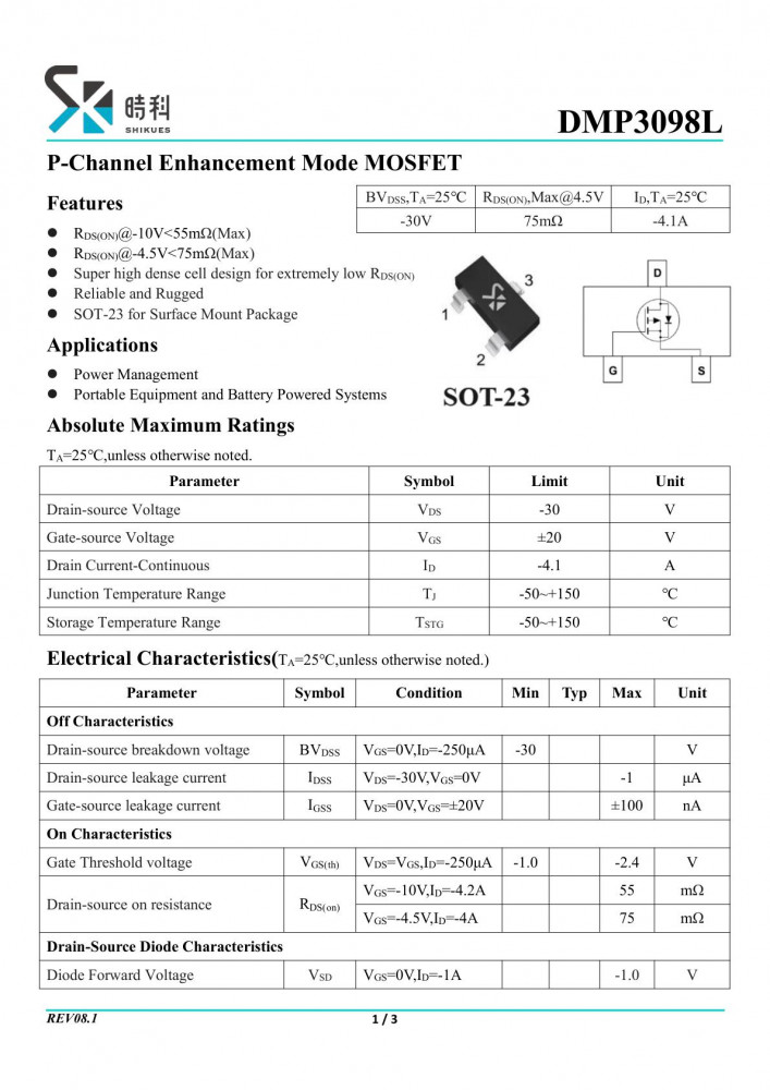 DMP3098L datasheet page 1