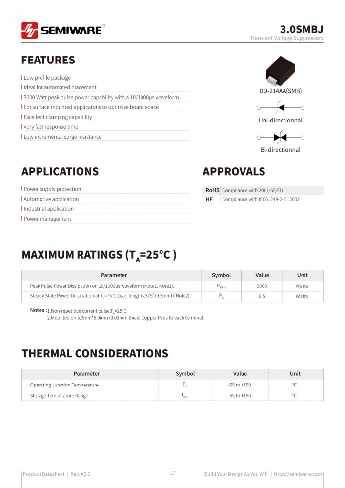 SEMIWARE 3.0SMBJ series datasheet page 1