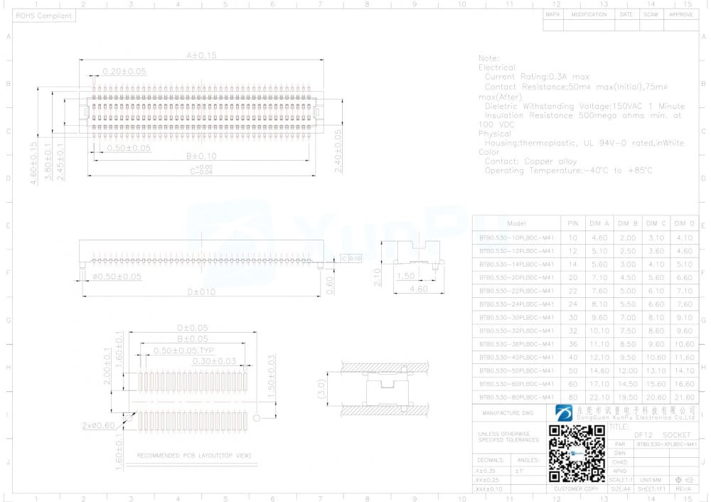 XUNPU BTB0.530-60PLBDC-M41 DF12 socket drawing