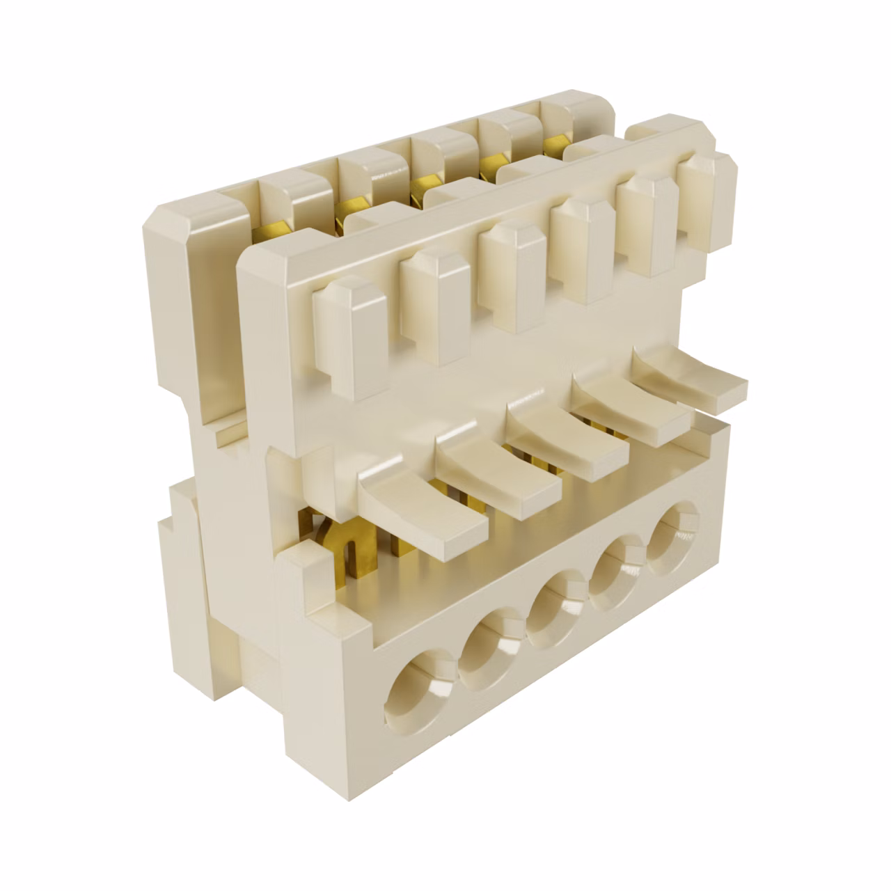 Appli-Mate RAST 2.5 Connector, 2.50mm Pitch, Female, 5 Circuits, Positions A and F Removed, Polarizing Rib Between 2/3, Locking Pips, Slotted Endwalls, Gold Plating