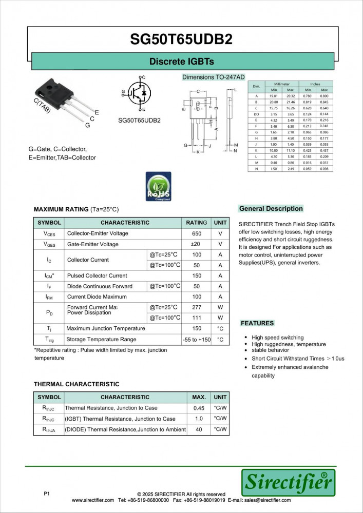 SG50T65UDB2 datasheet page 1