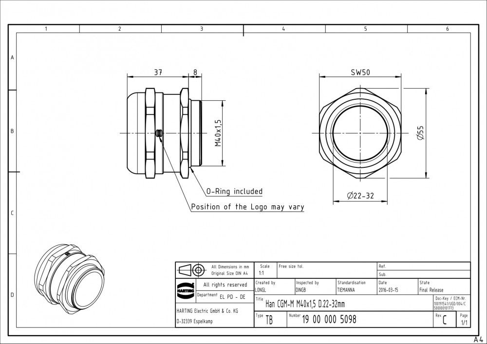 HARTING 19000005098 technical drawing