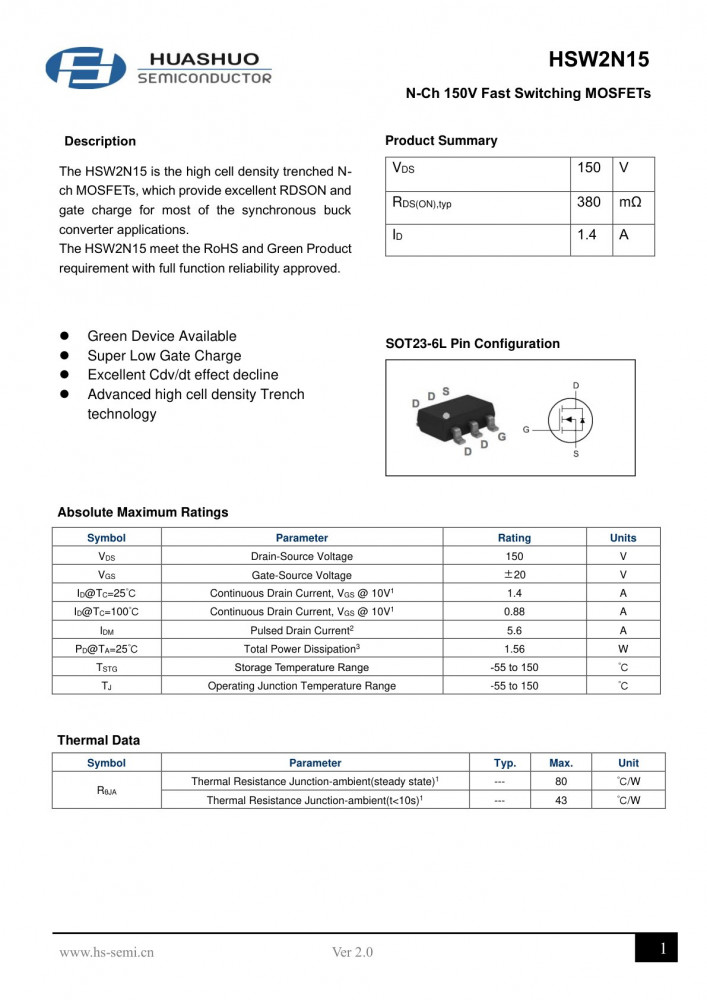 HSW2N15 datasheet page 1