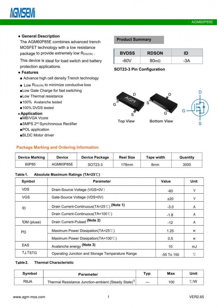 AGM60P85E datasheet page 1