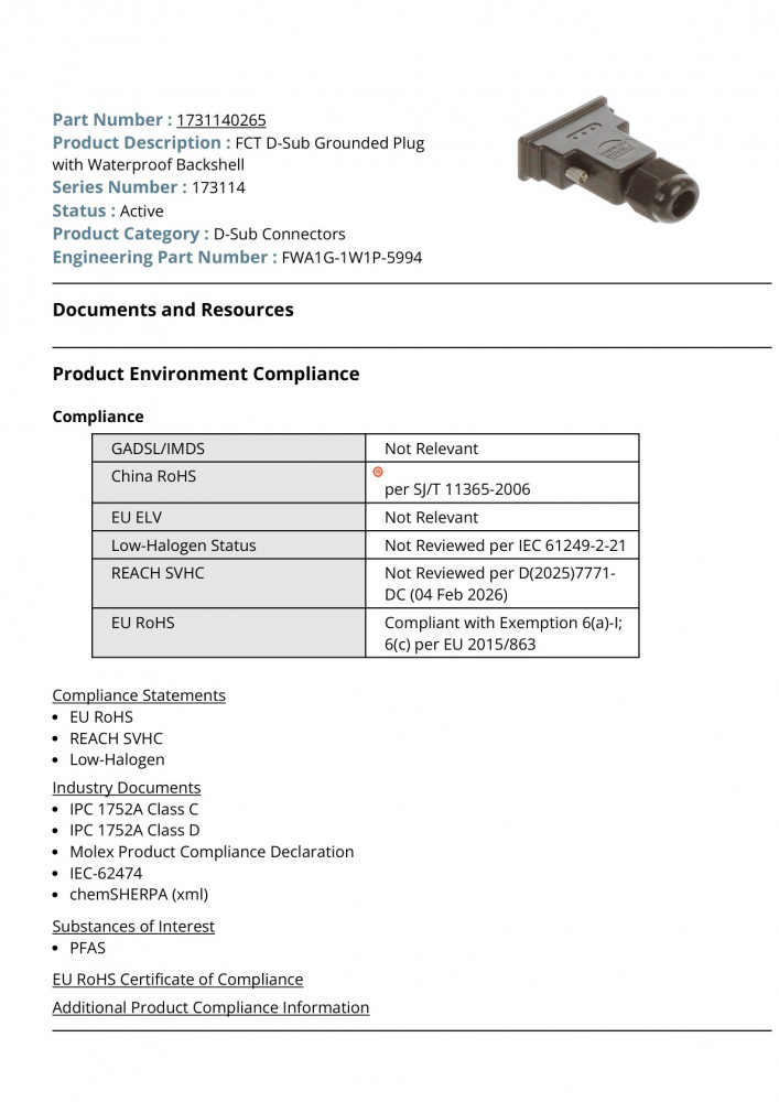 MOLEX 1731140265 product document image, page 1