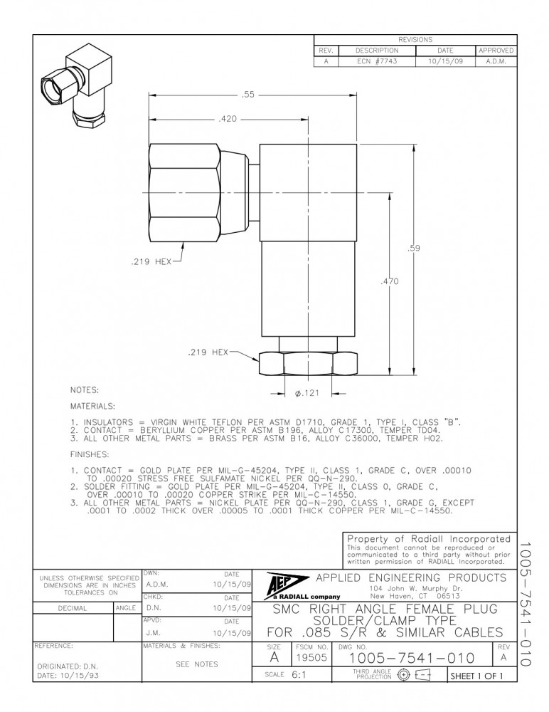 Radiall 1005-7541-010 product drawing preview