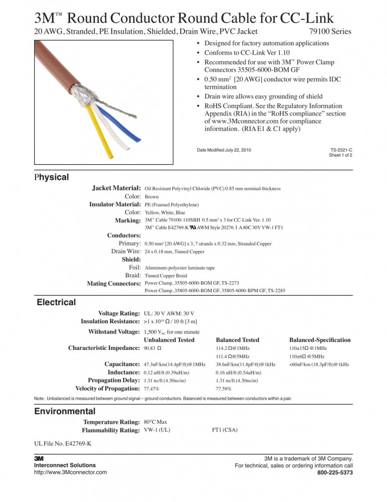 3M CC-Link cable technical datasheet page 1