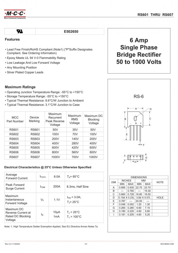 MCC RS605-BP datasheet page 1