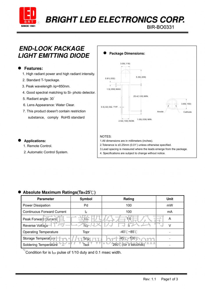 BIR-BO0331 product document, page 1
