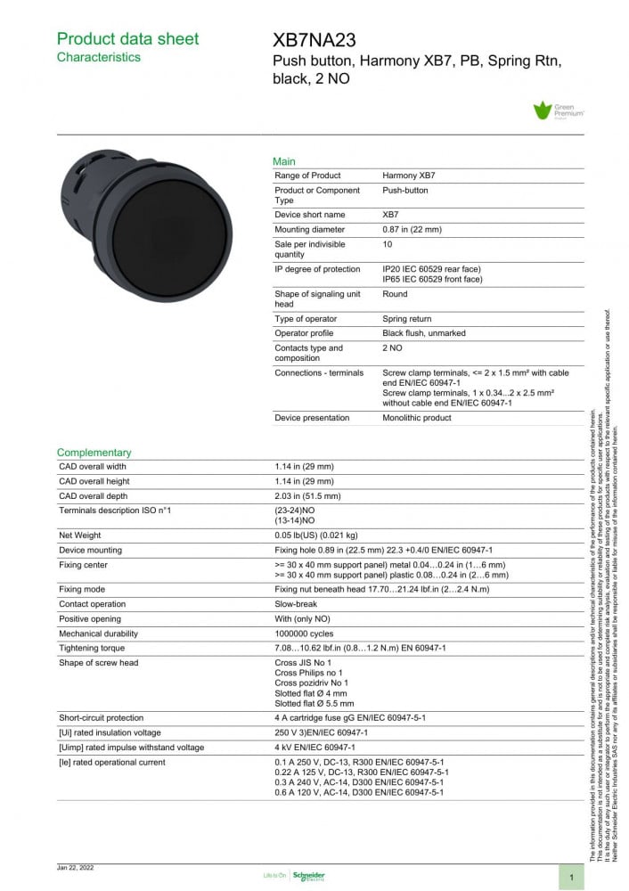 XB7NA23 technical document page 1