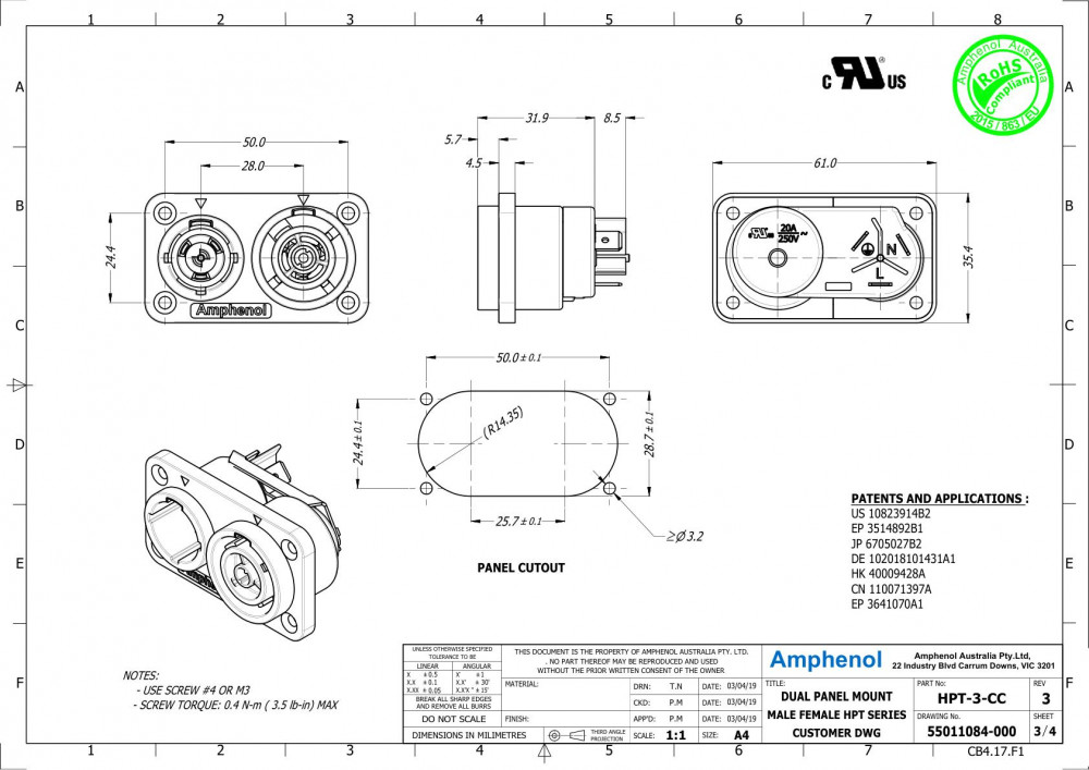 Amphenol HPT-3-CC product document preview