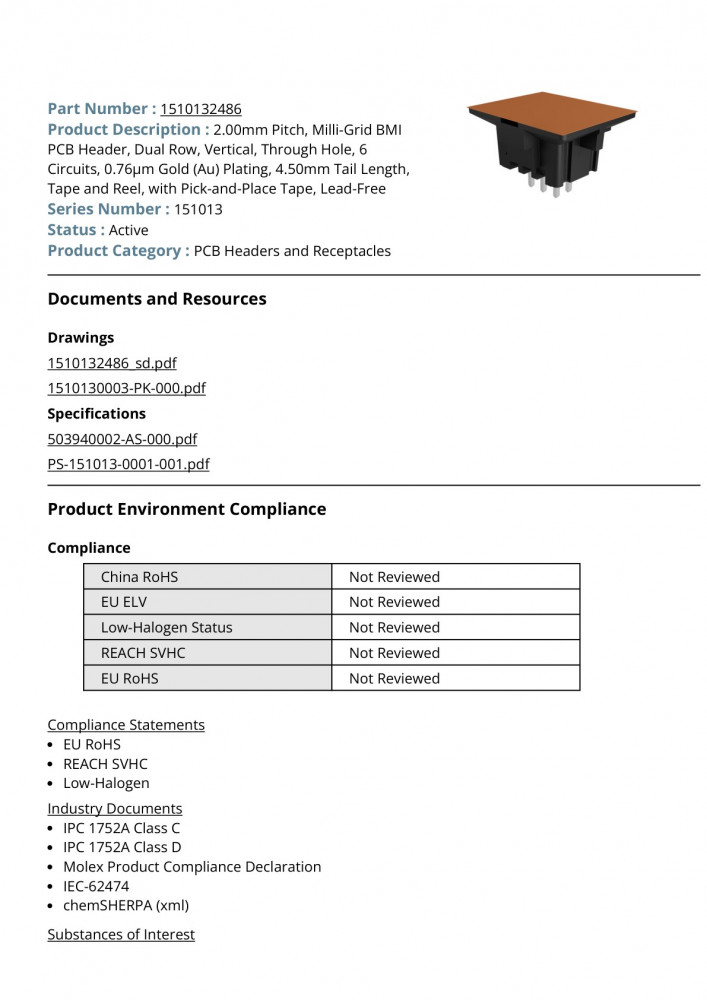MOLEX Milli-Grid BMI vertical header product specification page 1