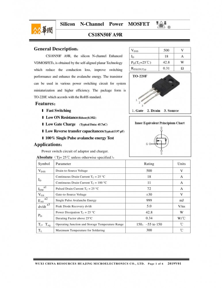 CS18N50FA9R datasheet page 1