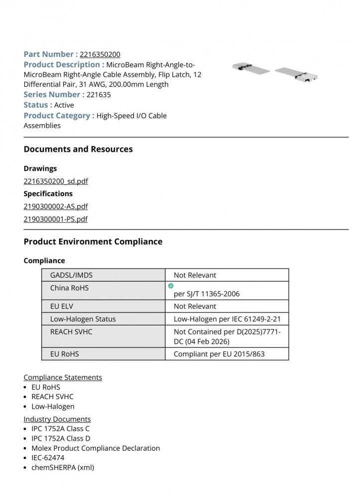 MOLEX 2216350200 technical document preview, page 1