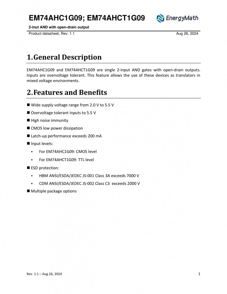 EM74AHC1G09GV datasheet page 1