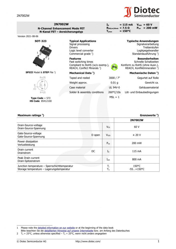 DIOTEC 2N7002W datasheet page 1