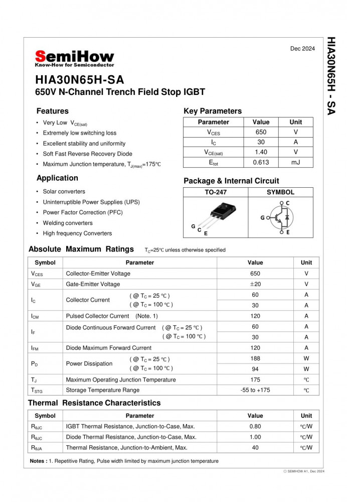 HIA30N65H-SA datasheet page 1