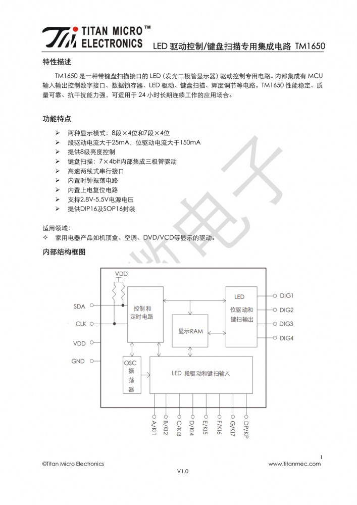 TM1650 datasheet page 1