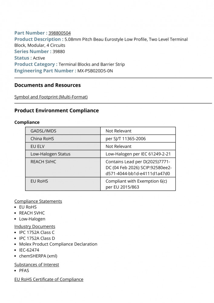 Technical document page 1 for Molex 398800504