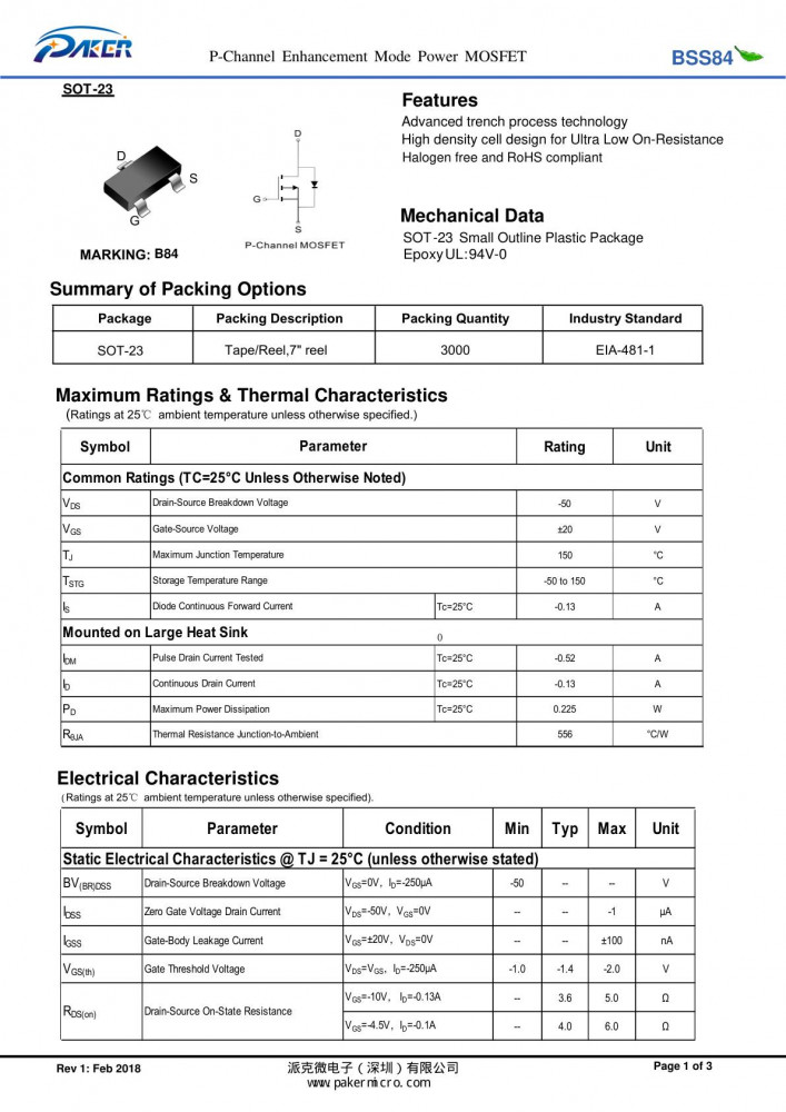 BSS84 datasheet page 1