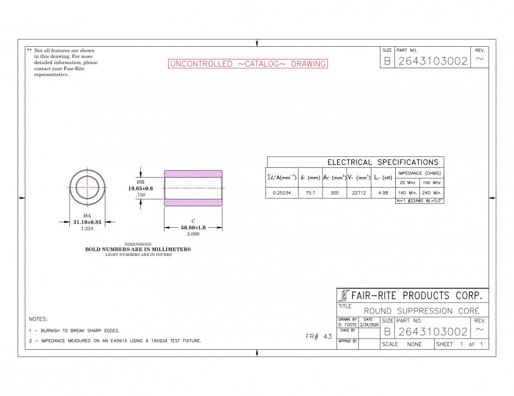 Fair-Rite 2643103002 technical document preview