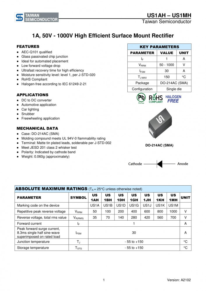Taiwan Semiconductor US1KH datasheet page 1