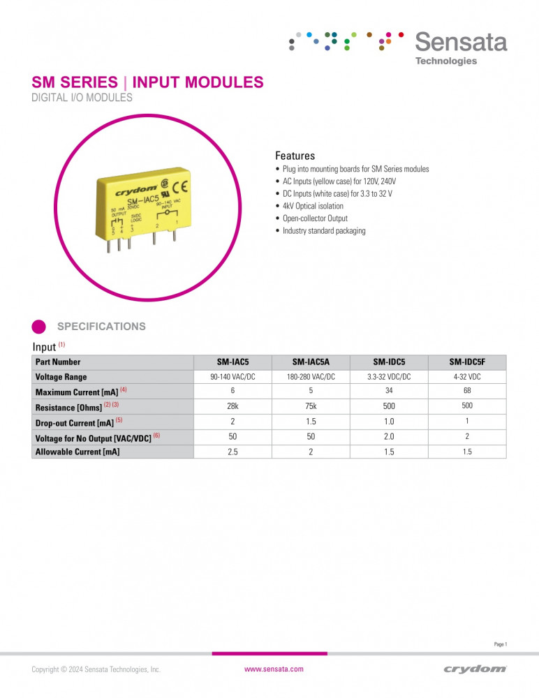 SM Series input modules technical document, page 1