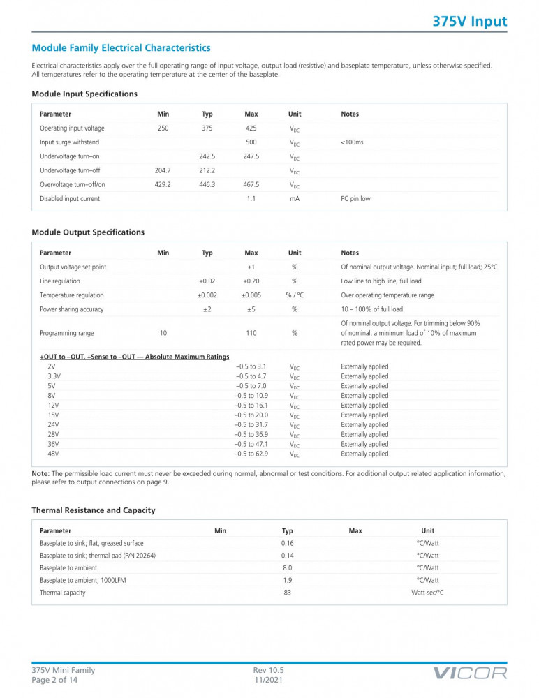 VICOR V375 family documentation page 2