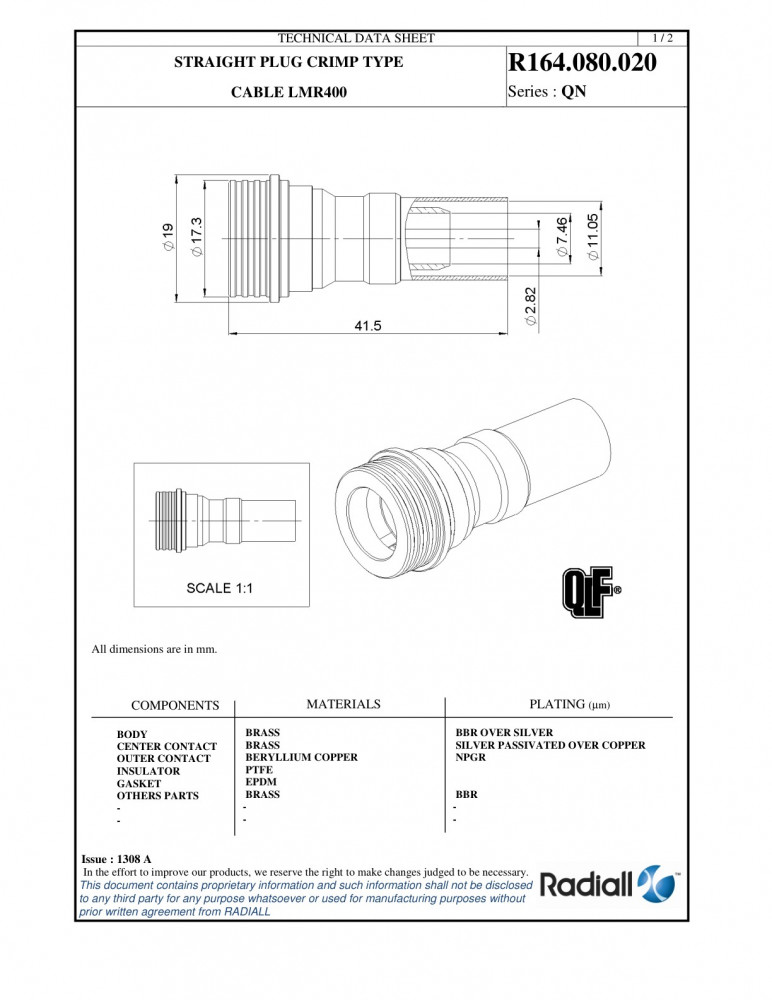 Radiall R164080020 technical datasheet page 1