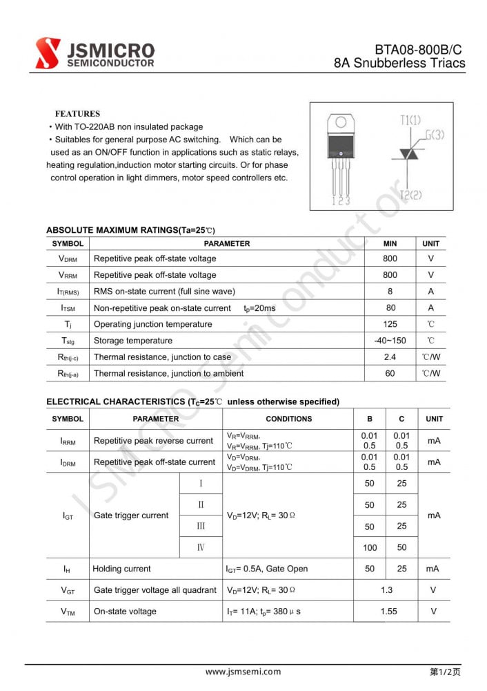 BTA08-800B datasheet page 1
