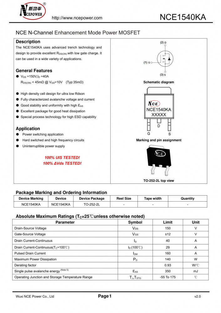 NCE1540KA datasheet page 1