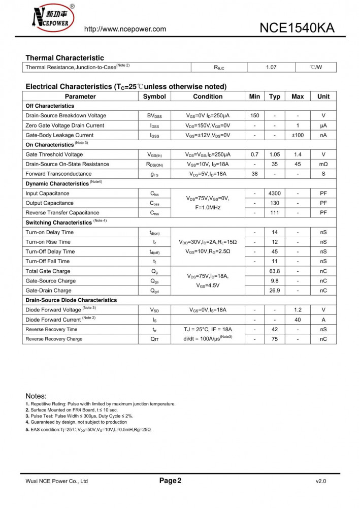 NCE1540KA datasheet page 2