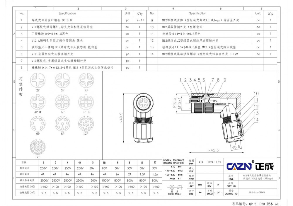 CAZN M12 connector technical drawing
