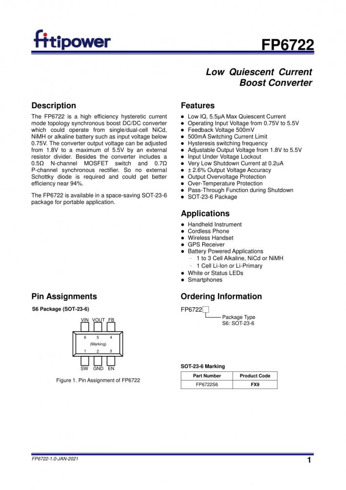 FP6722S6 datasheet page 1