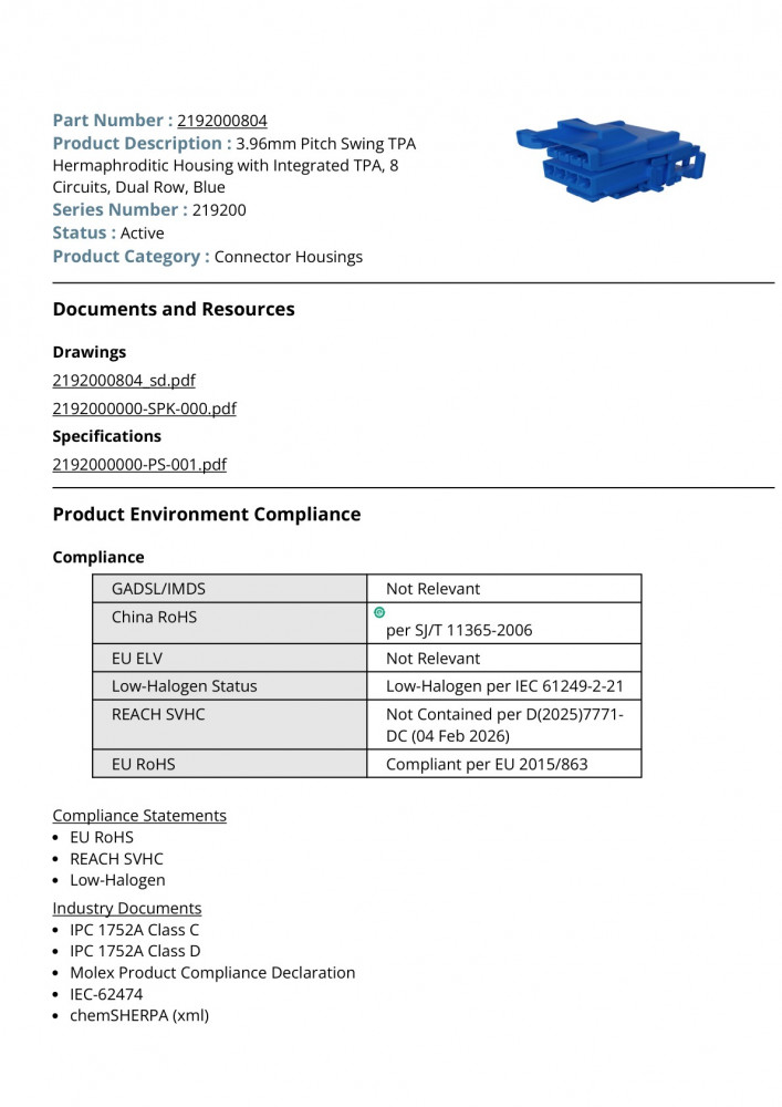MOLEX 2192000804 product document page 1
