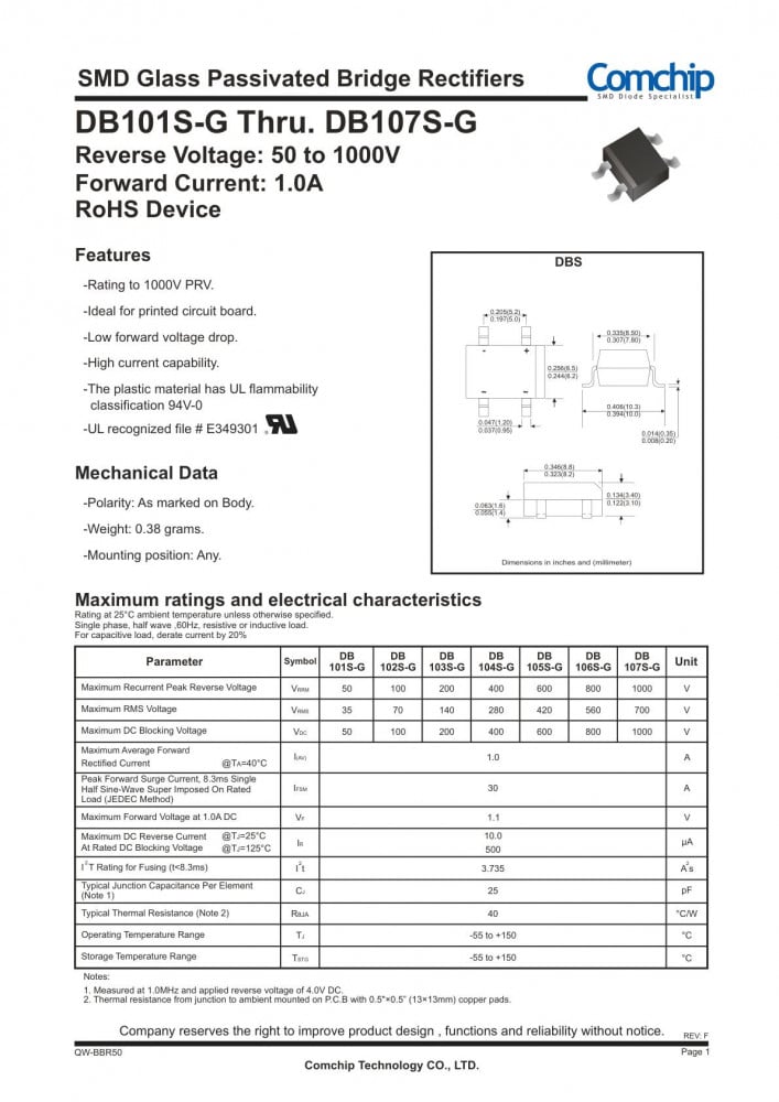 Comchip DB102S-G datasheet page 1
