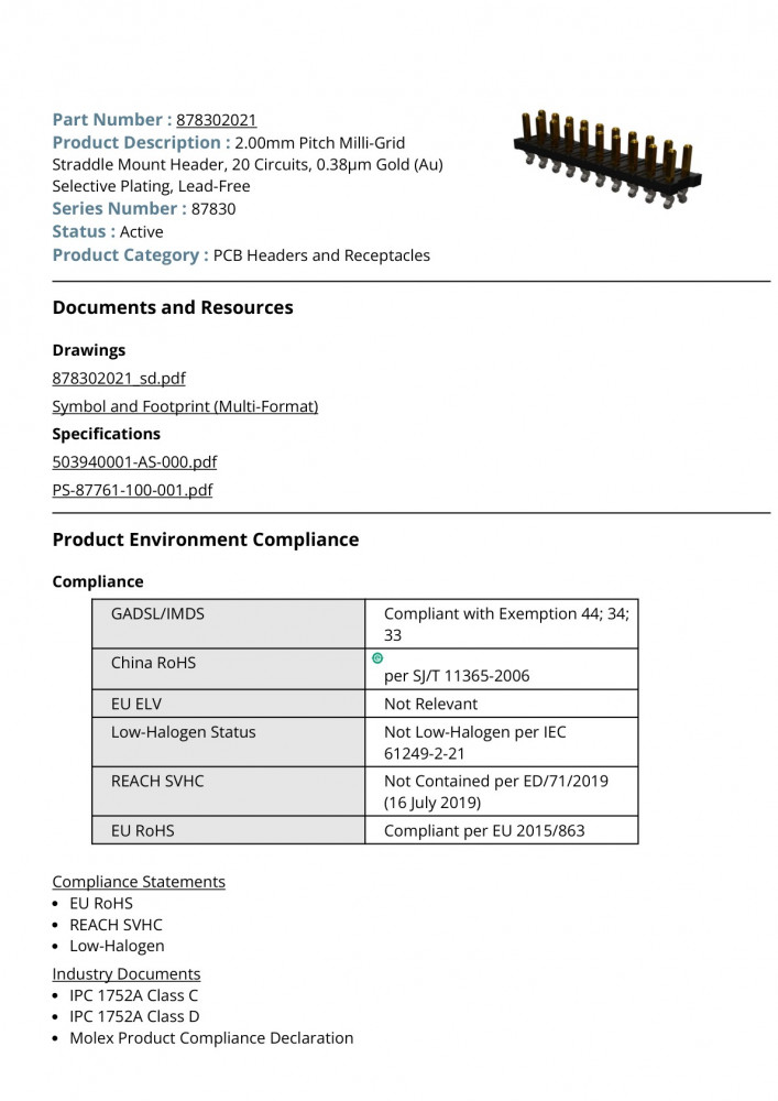 MOLEX 878302021 product document preview, page 1
