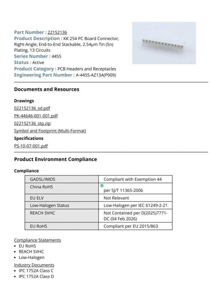 MOLEX 22152136 technical document page 1