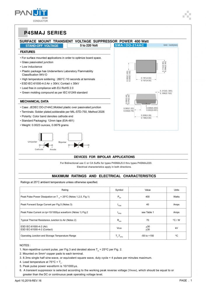PANJIT P4SMAJ series datasheet page 1
