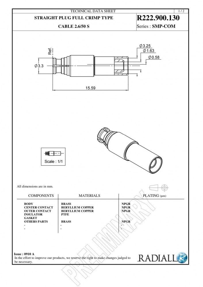 Radiall R222900130 product drawing and construction page