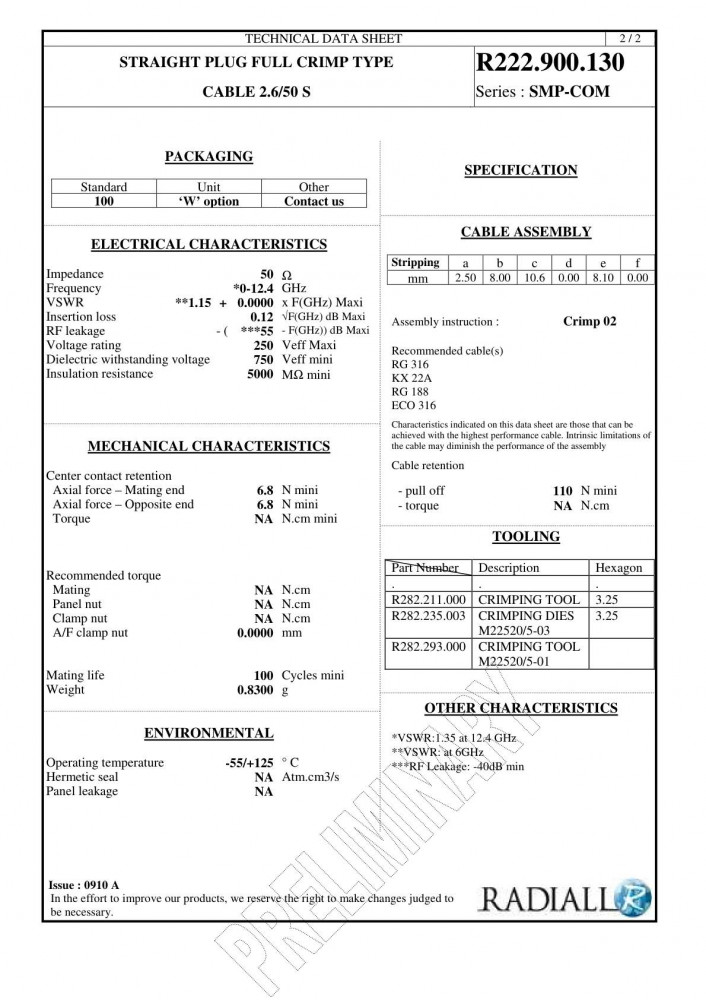 Radiall R222900130 electrical, mechanical and cable assembly specification page
