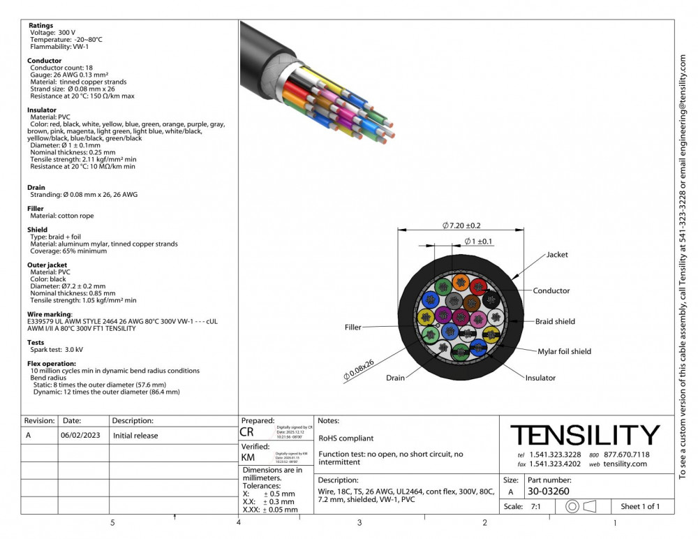 Tensility International 30-03260 product drawing and cable specification