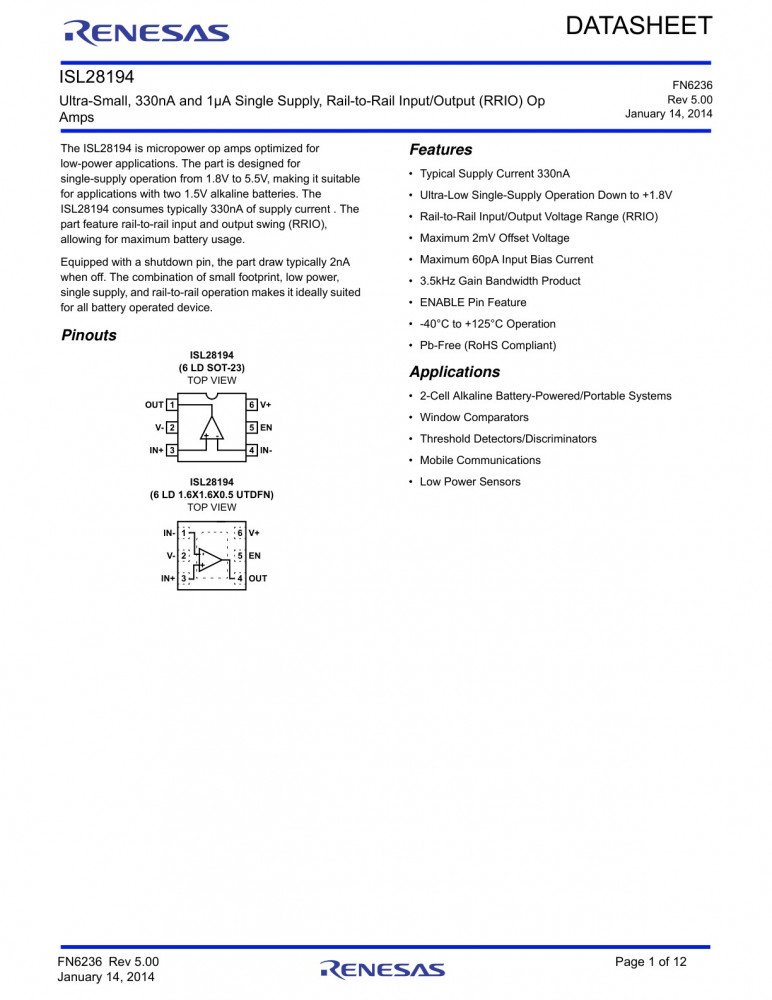 ISL28194 datasheet page 1