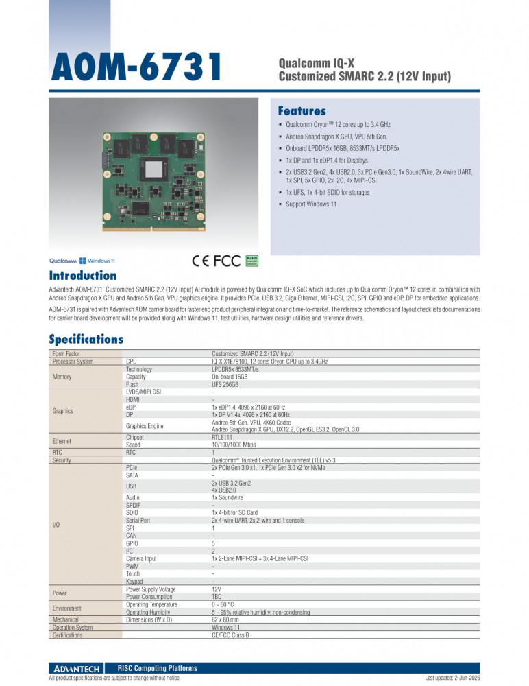 Advantech AOM-6731 product documentation page 1