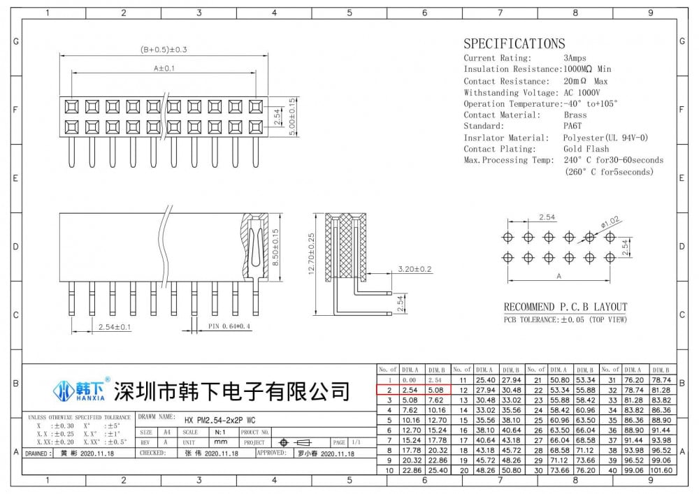 HX PM2.54-2x2P WC technical drawing