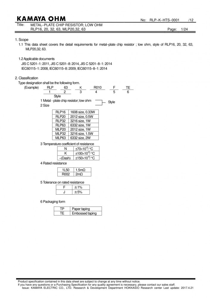 KAMAYA RLP series datasheet page 2