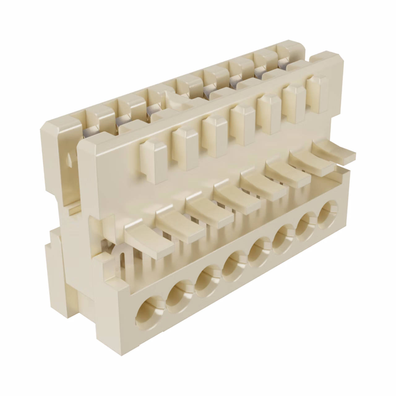 Appli-Mate RAST 2.5 Connector, 2.50mm Pitch, Female, 8 Circuits, Positions A and I Removed, Polarizing Rib Between 3/4, Locking Pips, Slotted Endwalls, Tin Plating